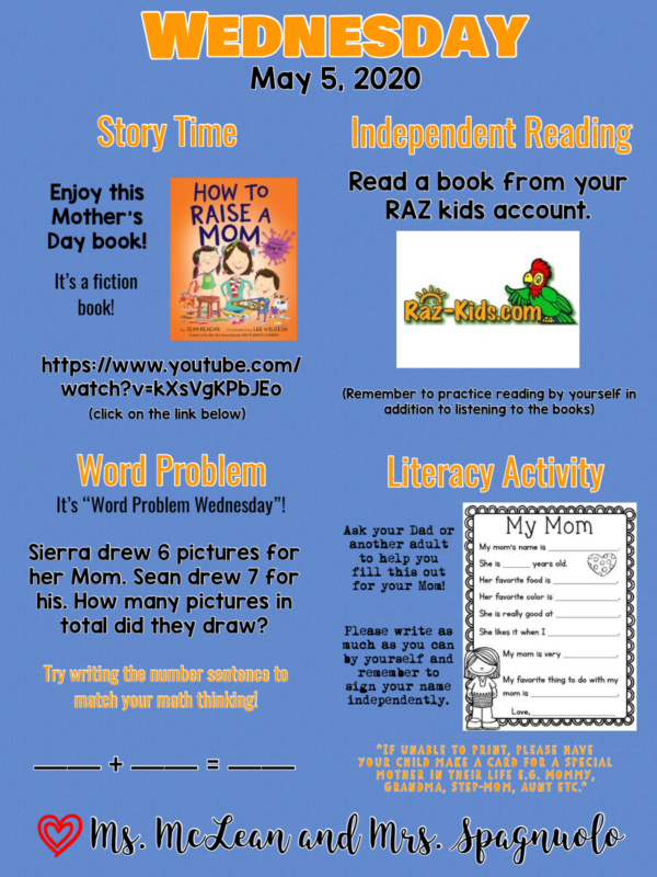 Wednesday Learning | Ms. McLean's and Mrs. Spagnuolo's Kinder Klub