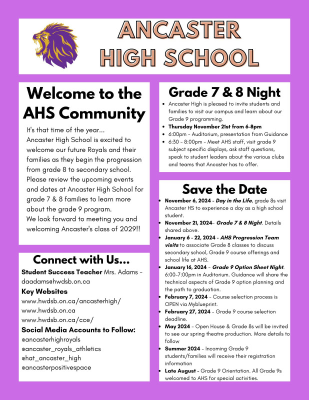 IMPORTANT: Ancaster High School Transition Events | Mrs. Mancini's Class