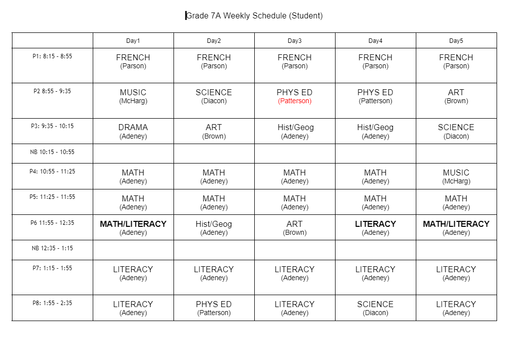 Weekly Schedule – Dalewood Class 78A