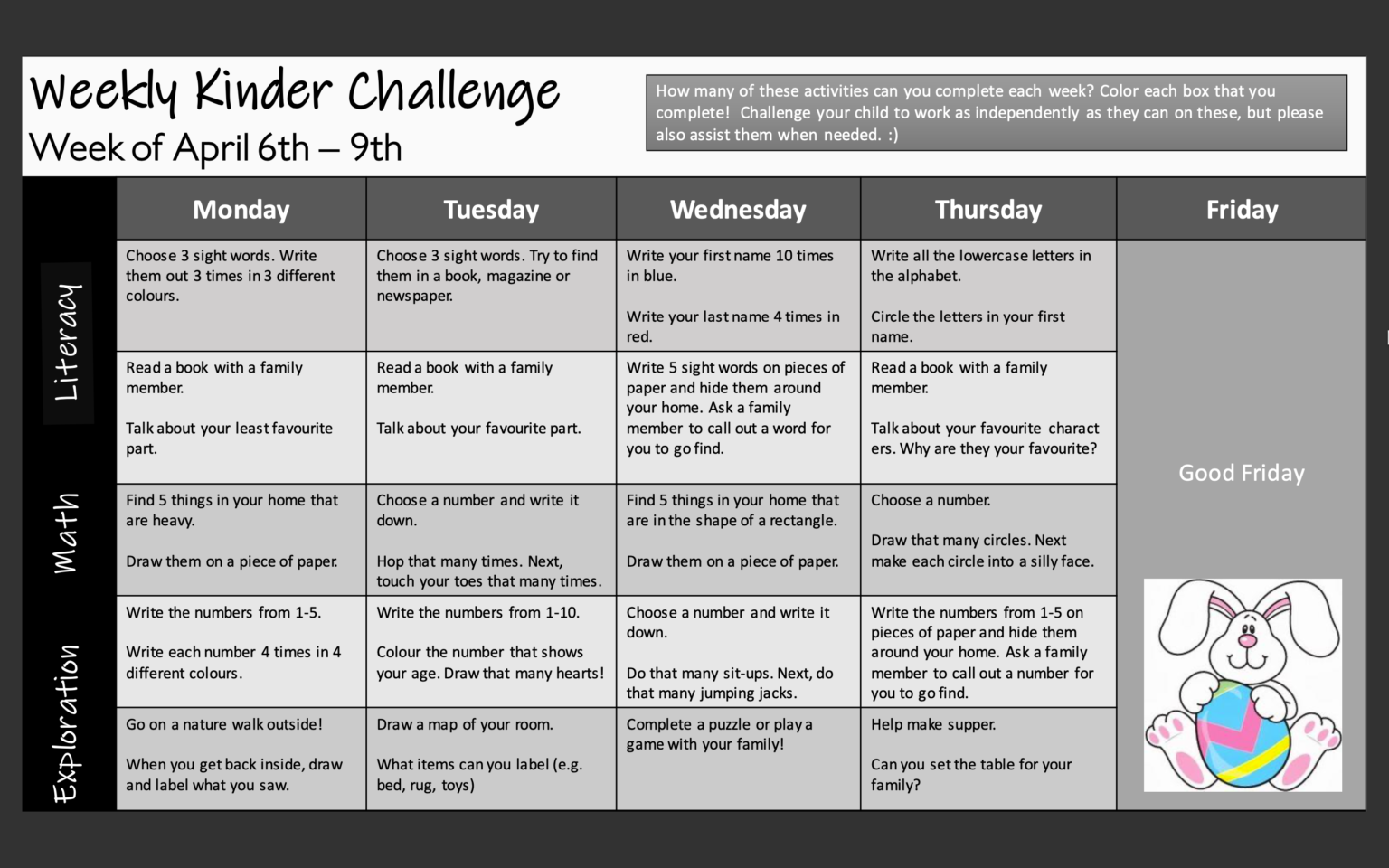 Week 1- April 6-9th – Learning In Kindergarten