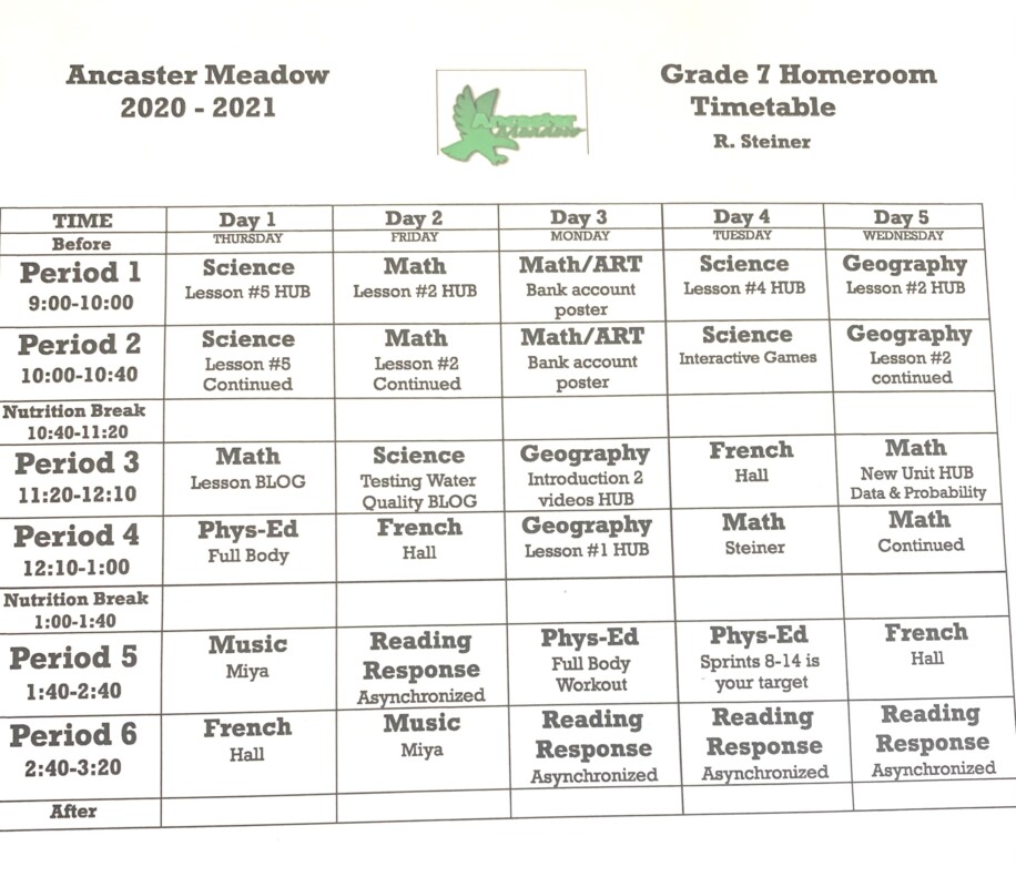 Steiner Grade 7A Homeroom » April 26th-30th Weekly Schedule